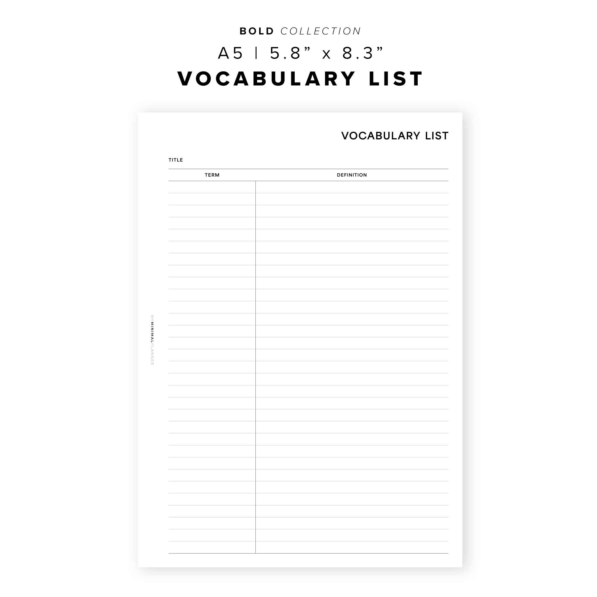 PR345 - Vocabulary List - Printable Insert – My Minimal Planner