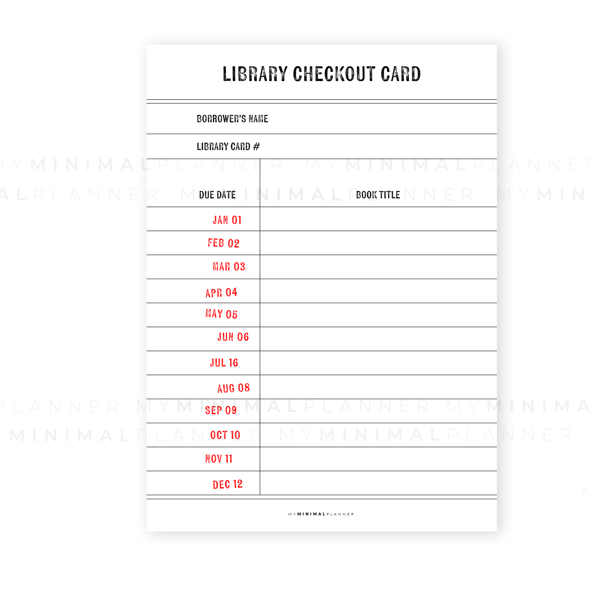 PRD257 - Library Checkout Card - Printable Dashboard – My Minimal Planner