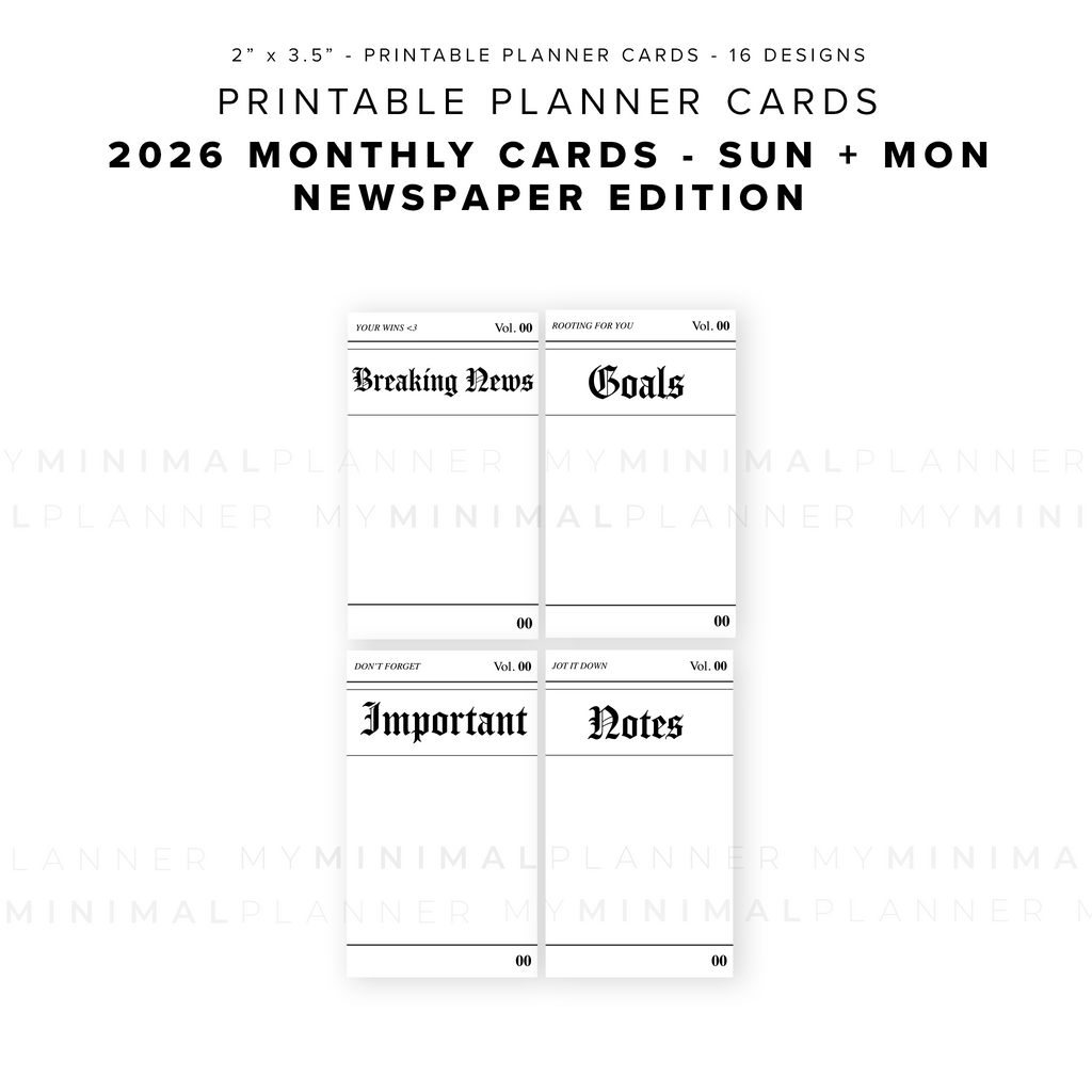 PPC39 - Newspaper: 2026 Monthly Planner Cards - Printable Planner Card ...