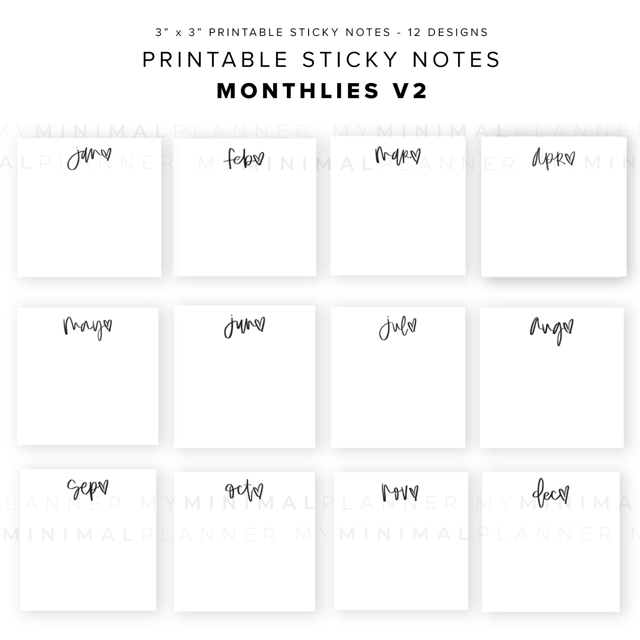 PSN13 - 3x3 Monthly Stickies (V2) - Printable Sticky Notes – My Minimal ...