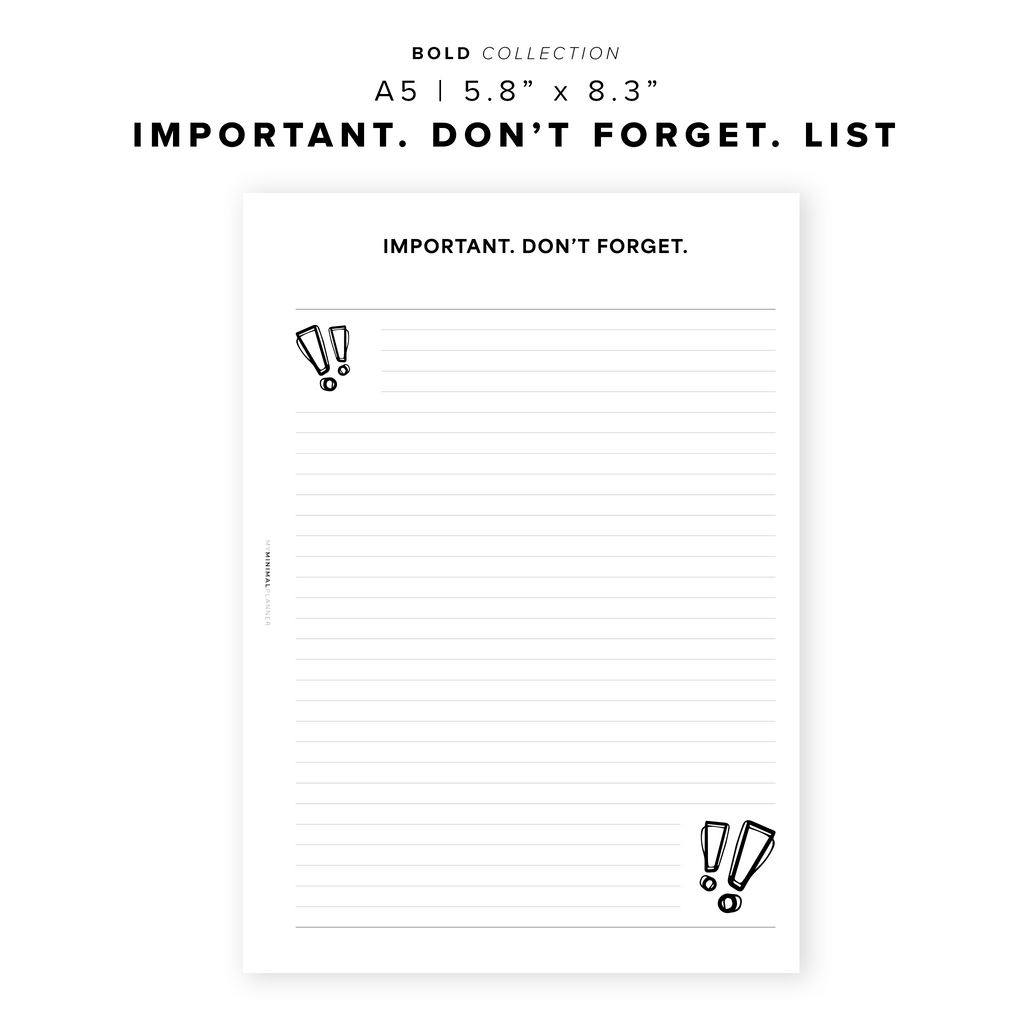 PR231 - Important. Don't Forget List - Printable Insert – My Minimal ...