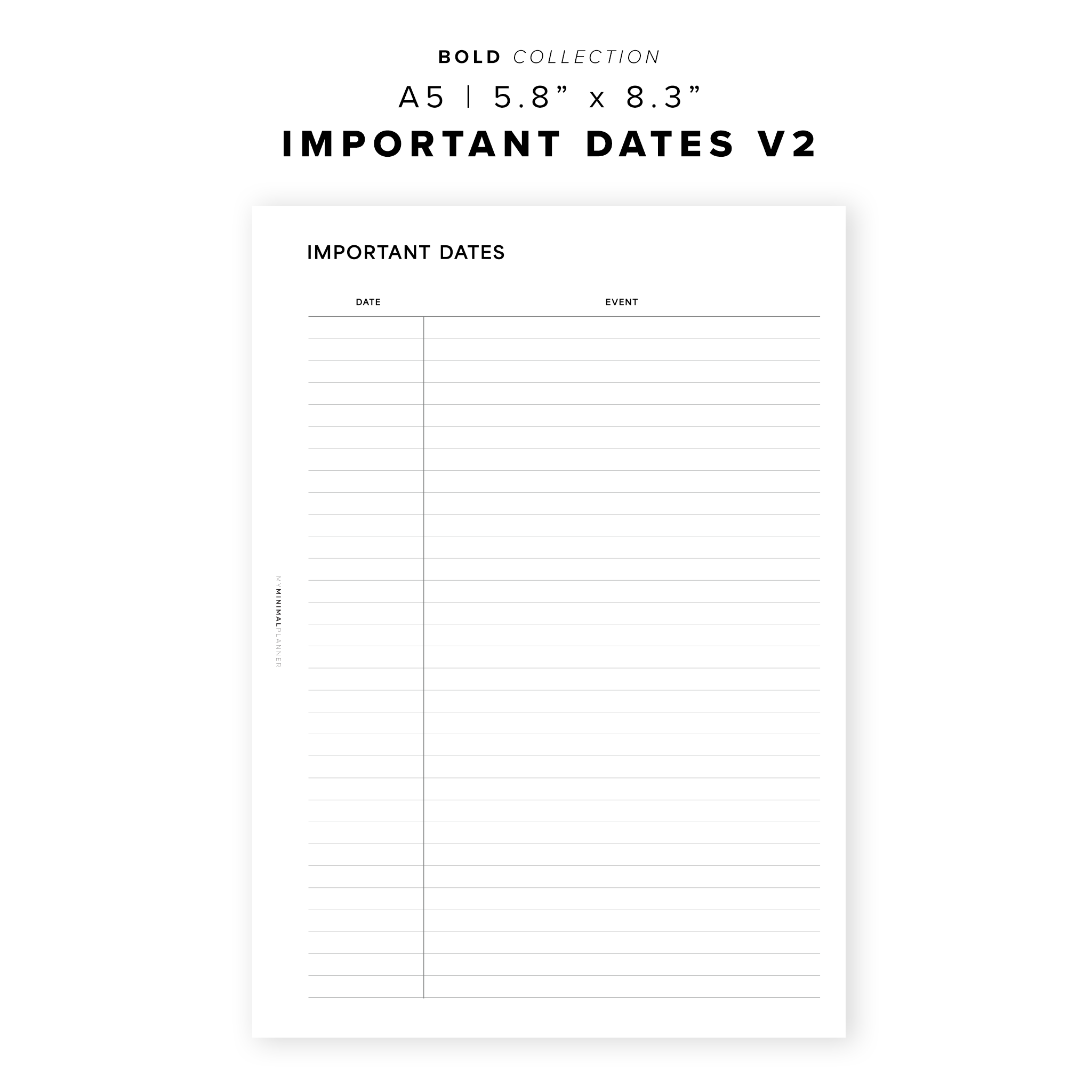 PR323 - Important Dates V2 - Printable Insert – My Minimal Planner