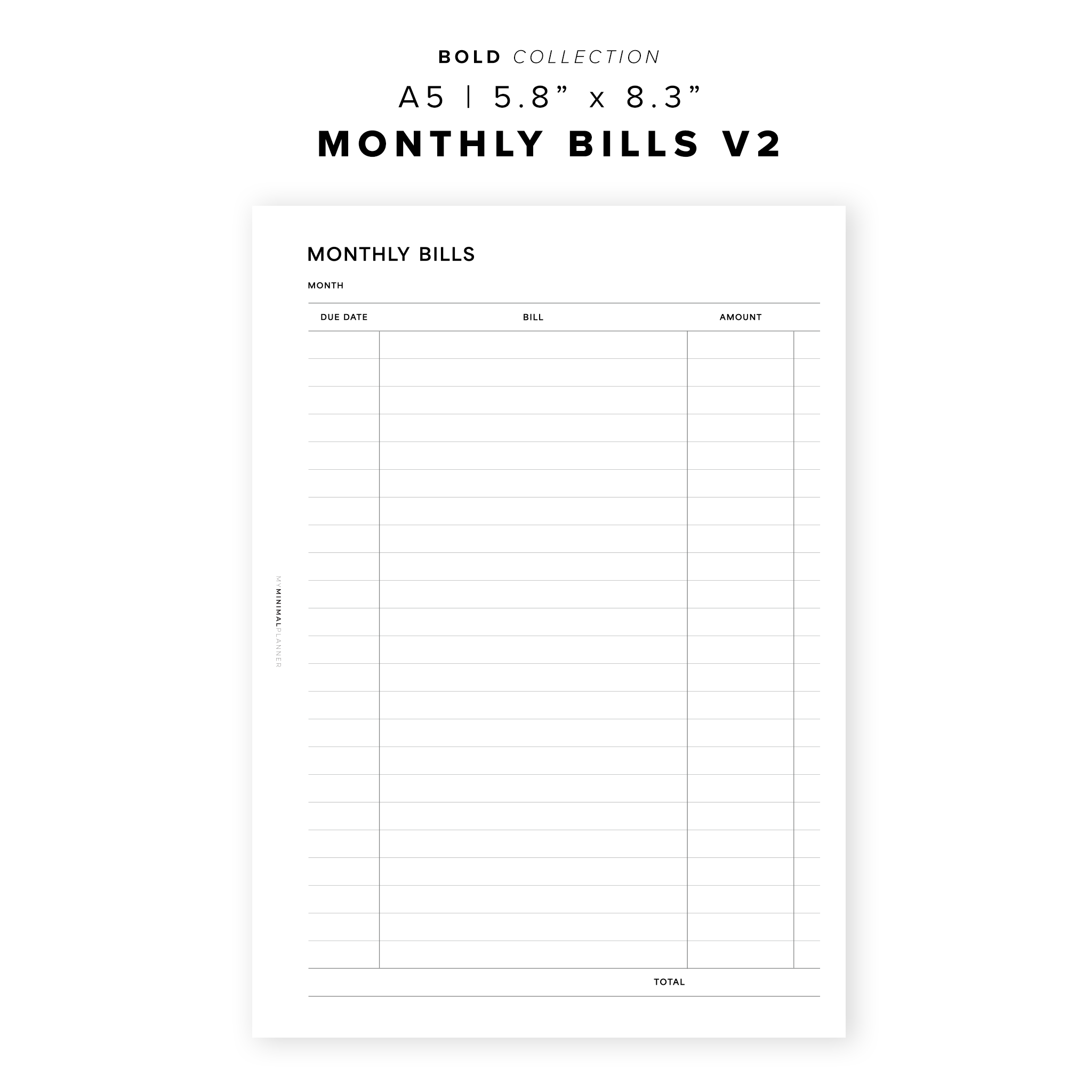 PR288 - Monthly Bills V2 - Printable Insert – My Minimal Planner