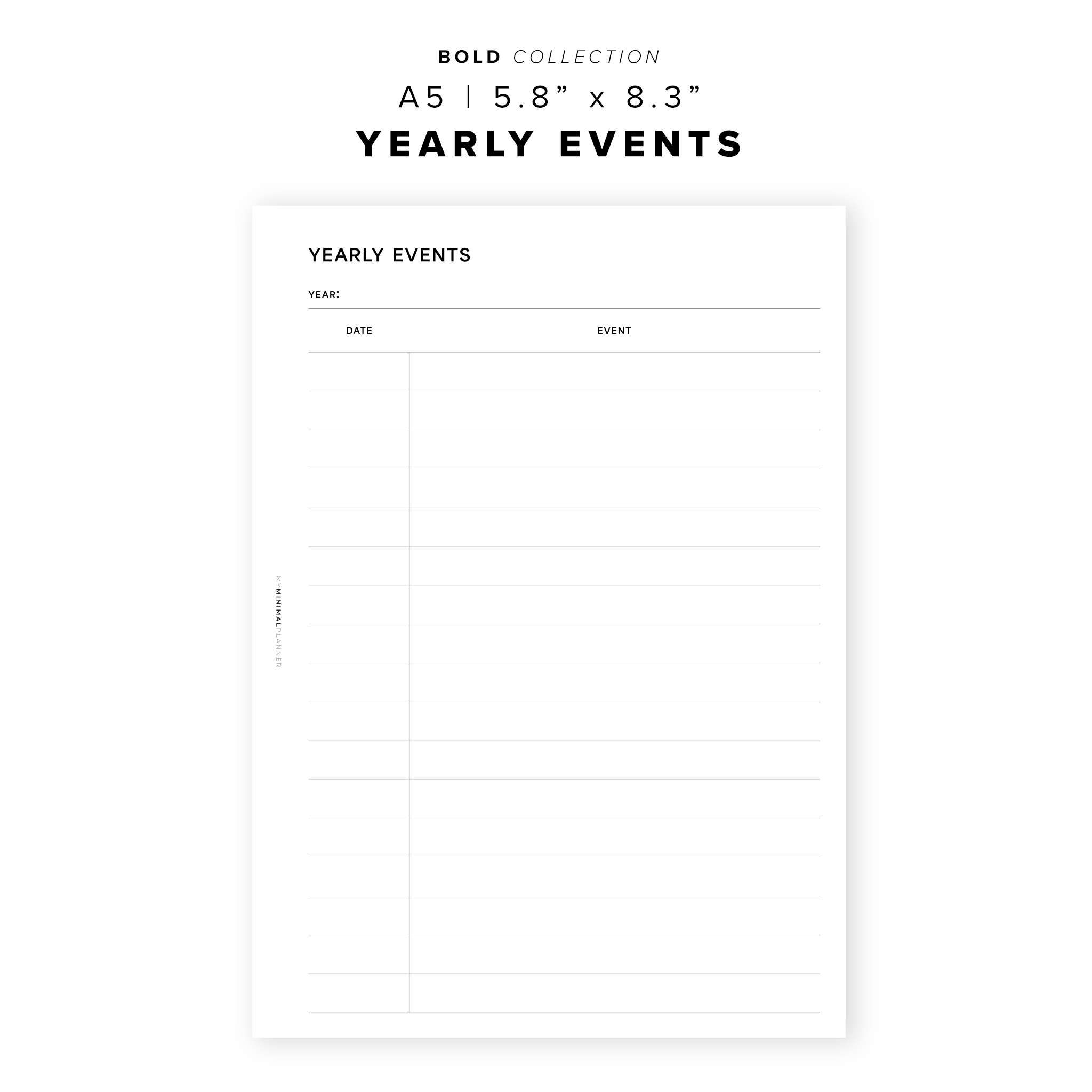 PR286 - Yearly Events - Printable Insert – My Minimal Planner