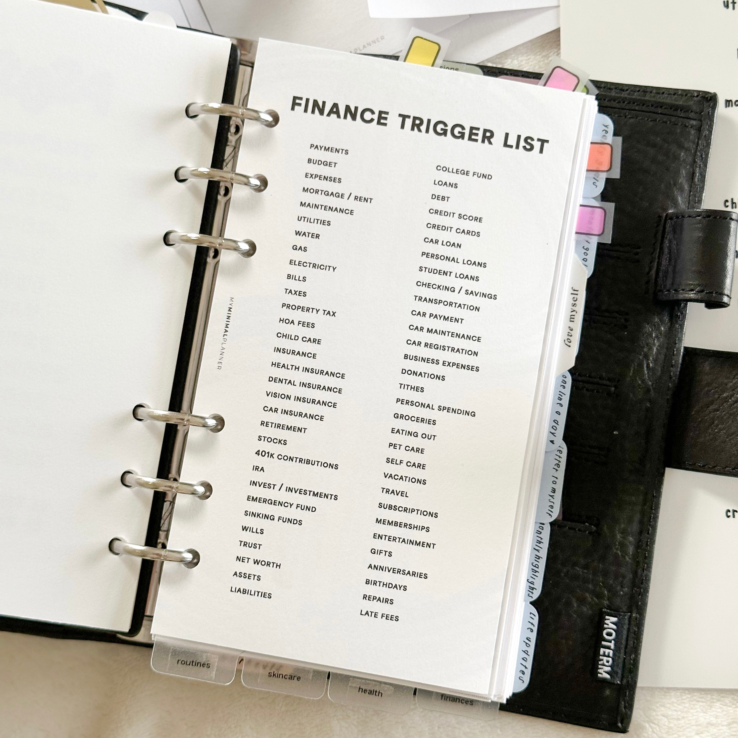 PRD199 - Finance Trigger List - Printable Dashboard – My Minimal Planner