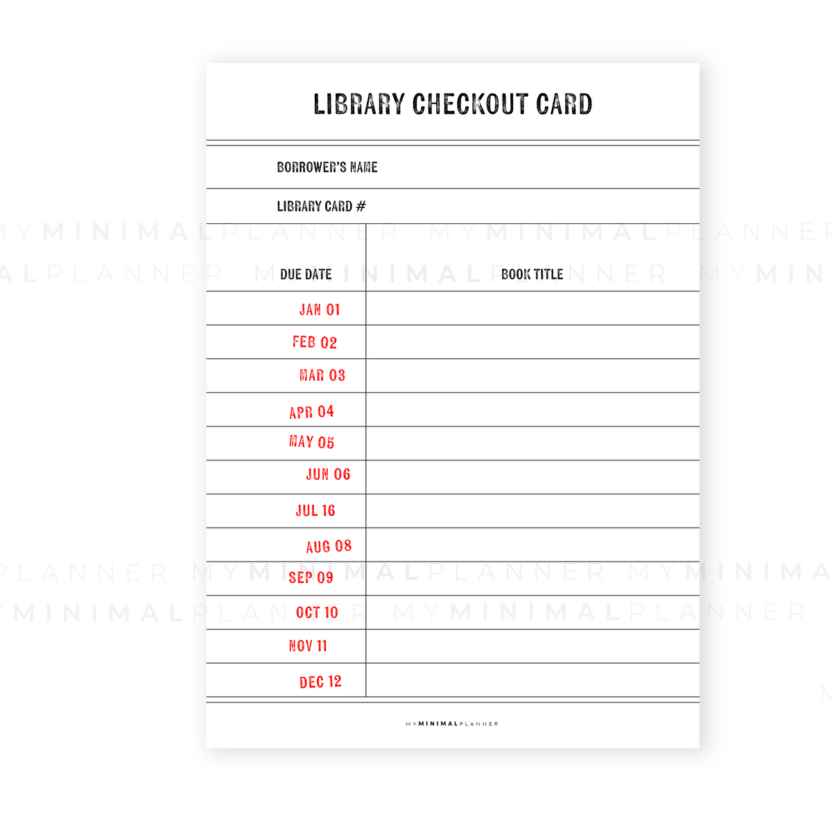 PRD257 - Library Checkout Card - Printable Dashboard – My Minimal Planner