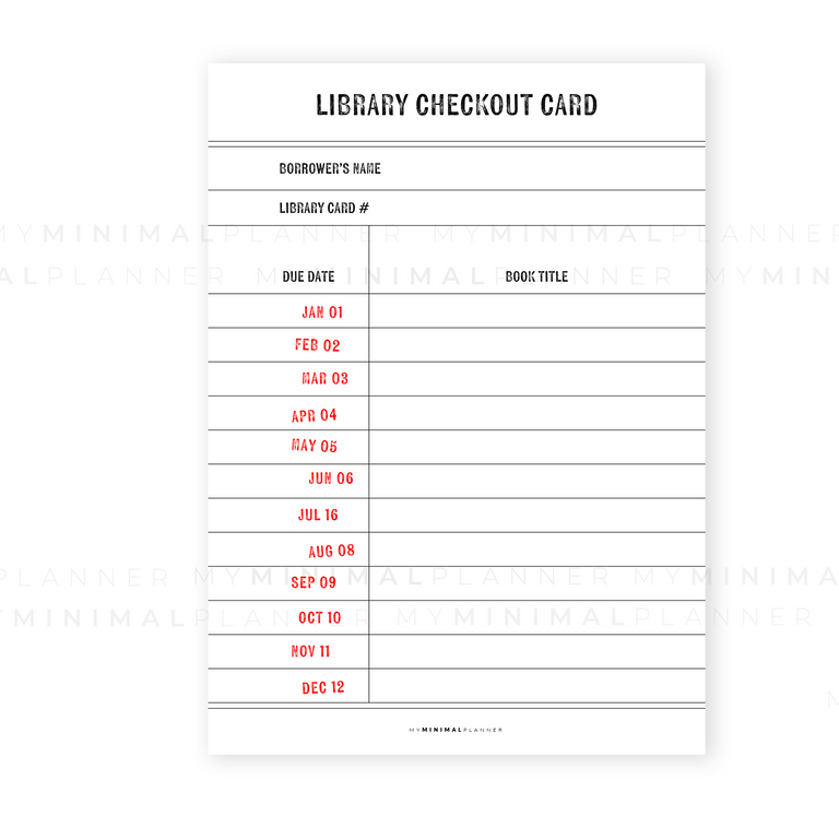 PRD257 - Library Checkout Card - Printable Dashboard – My Minimal Planner