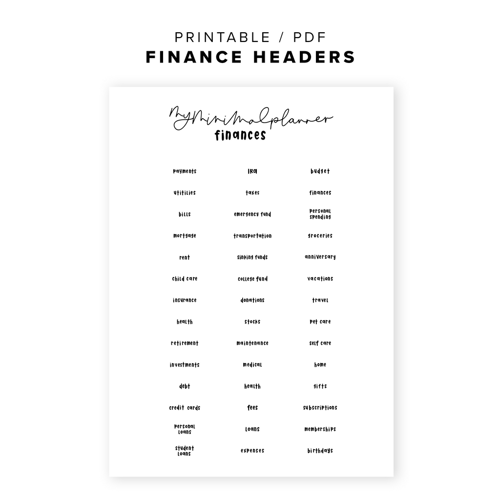 PRS04 - Finance Headers - Printable Stickers – My Minimal Planner