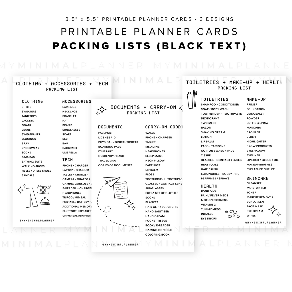 PPC26 - Packing Lists - Printable Planner Cards – My Minimal Planner