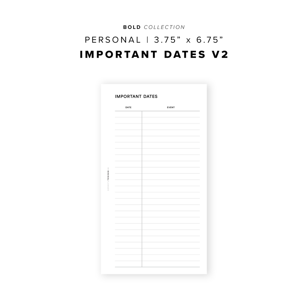 PR323 - Important Dates V2 - Printable Insert – My Minimal Planner