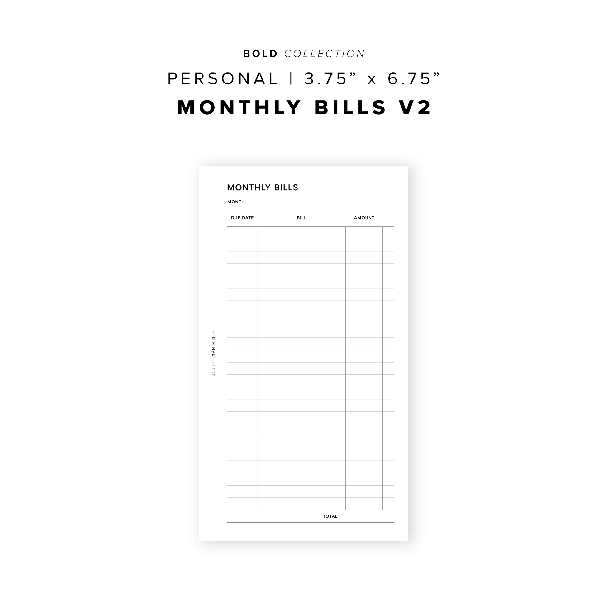 PR288 - Monthly Bills V2 - Printable Insert – My Minimal Planner