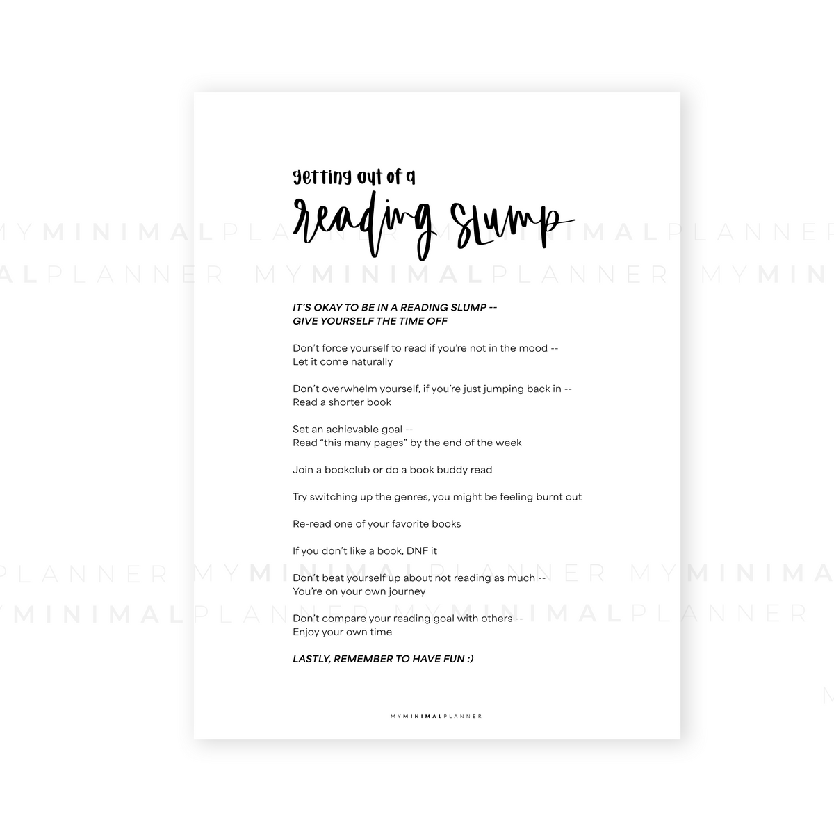 PRD177 - Reading Slump - Printable Dashboard – My Minimal Planner
