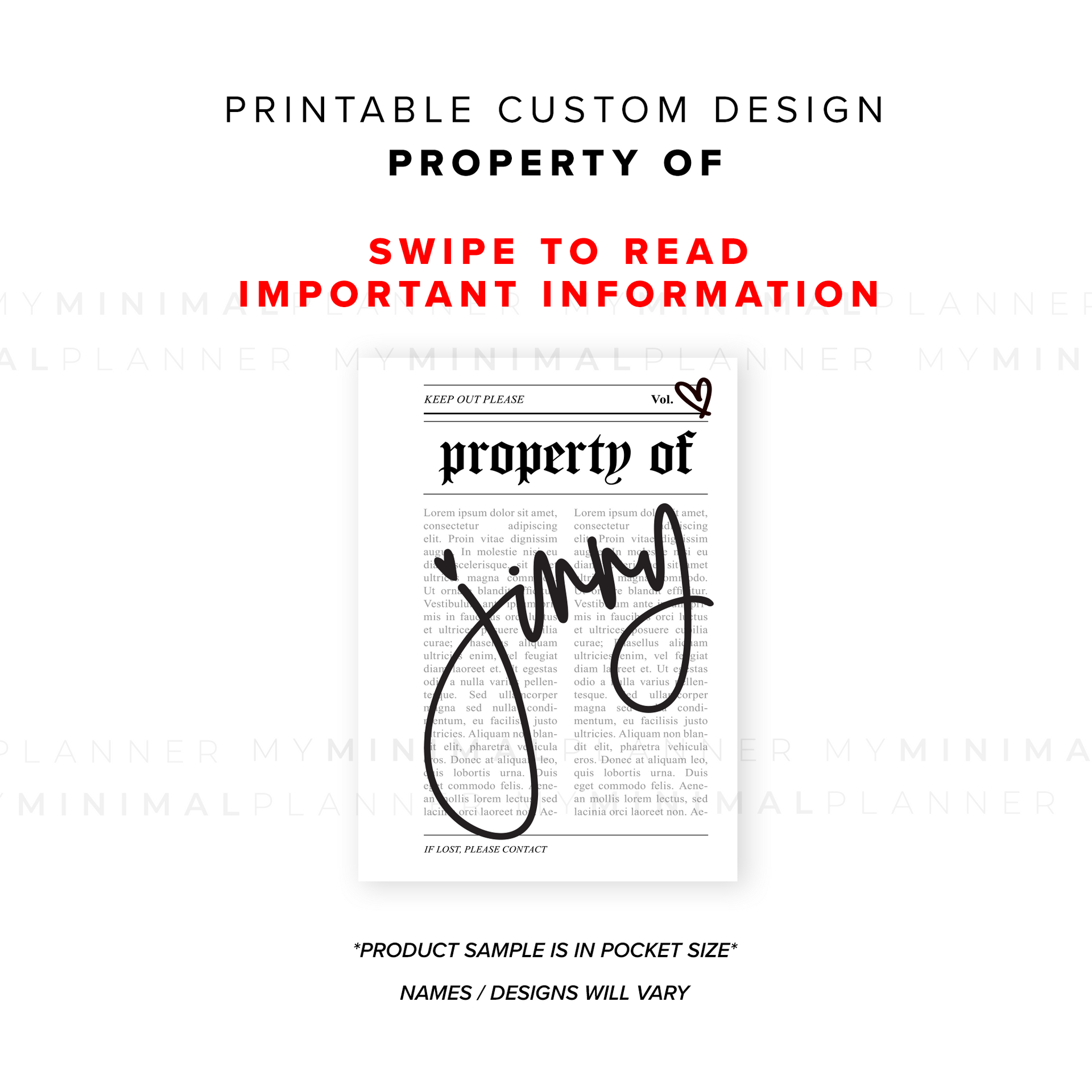 Custom Calligraphy: Property Of - Printable Dashboard – My Minimal Planner