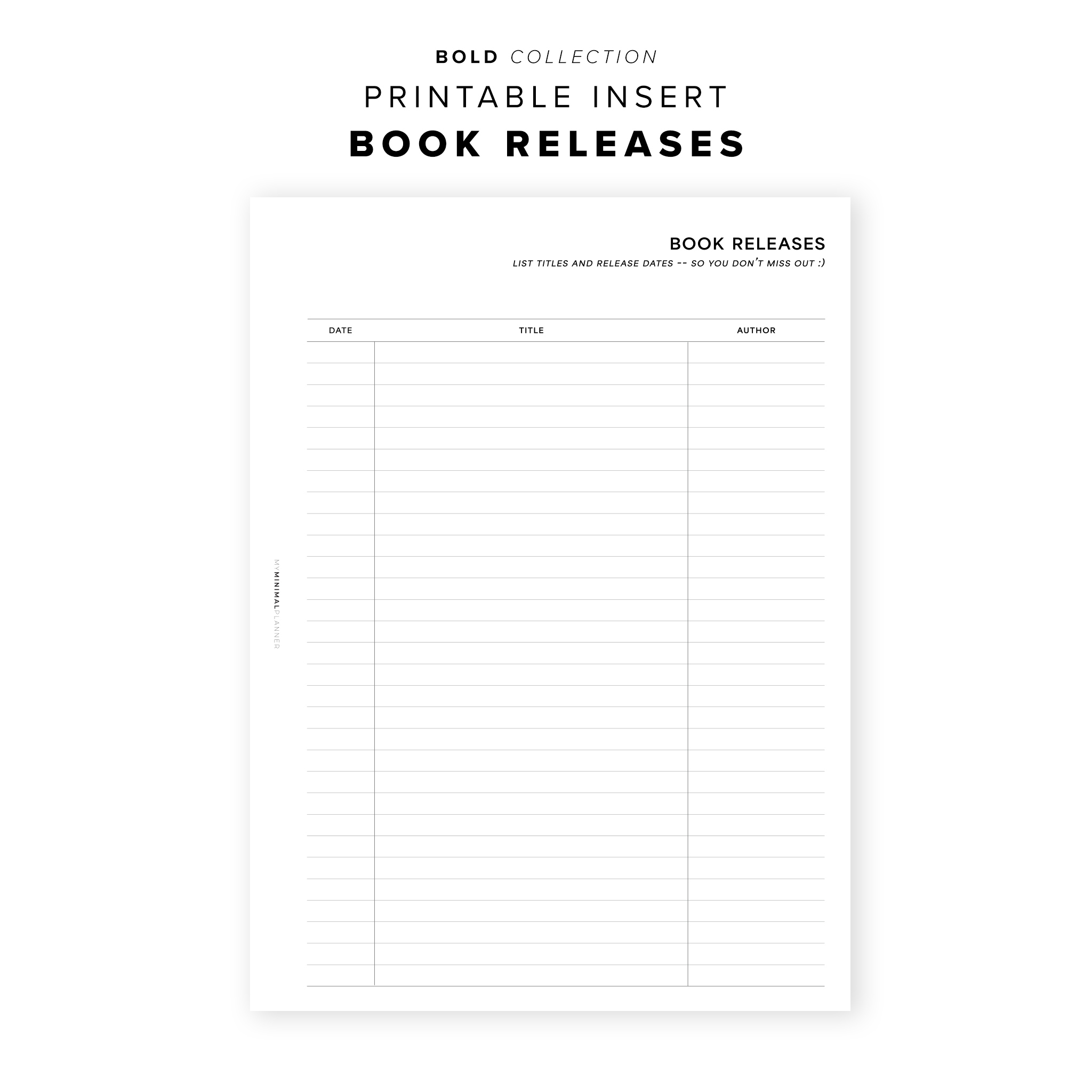 PR198 - Book Releases - Printable Insert – My Minimal Planner