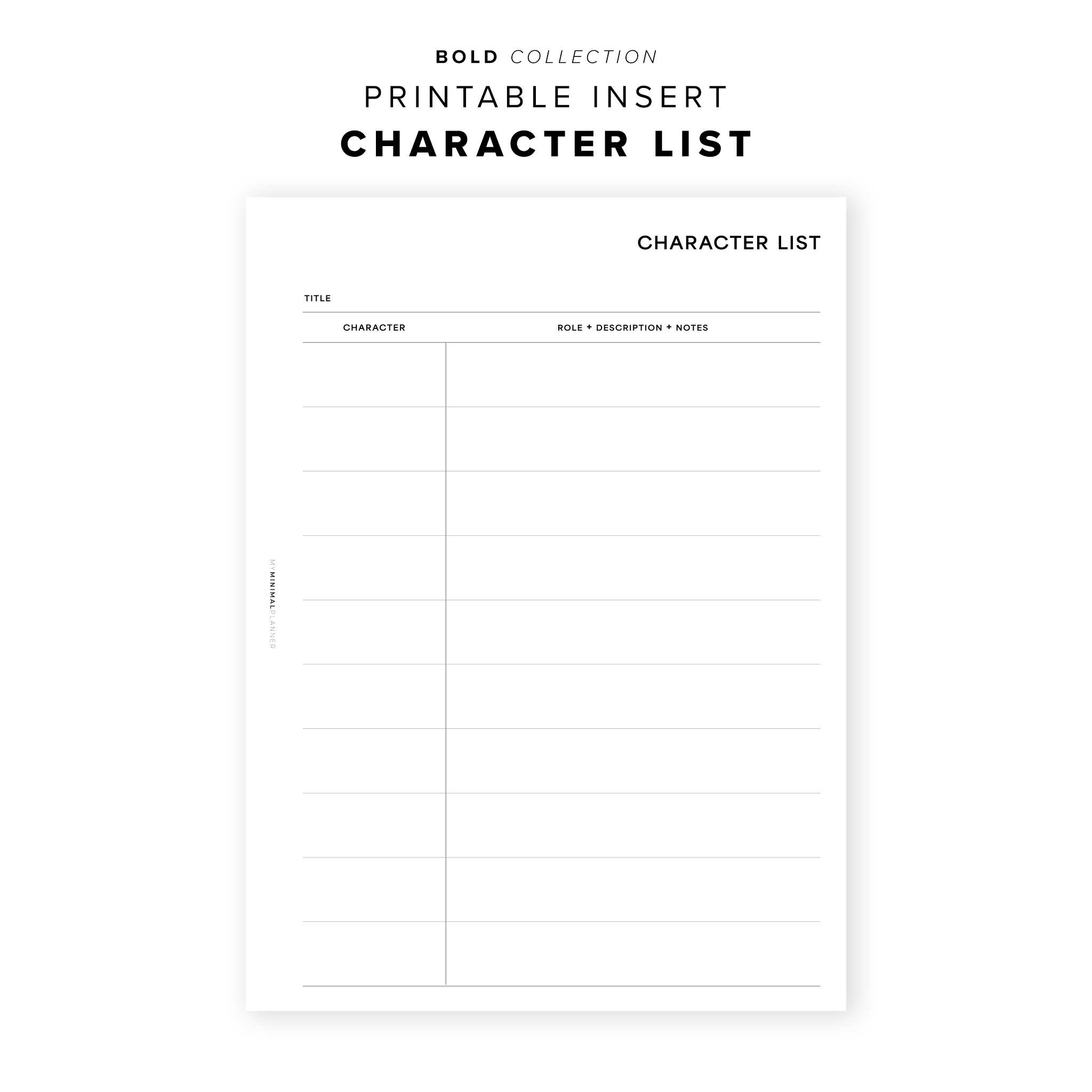 PR329 - Character List - Printable Insert – My Minimal Planner