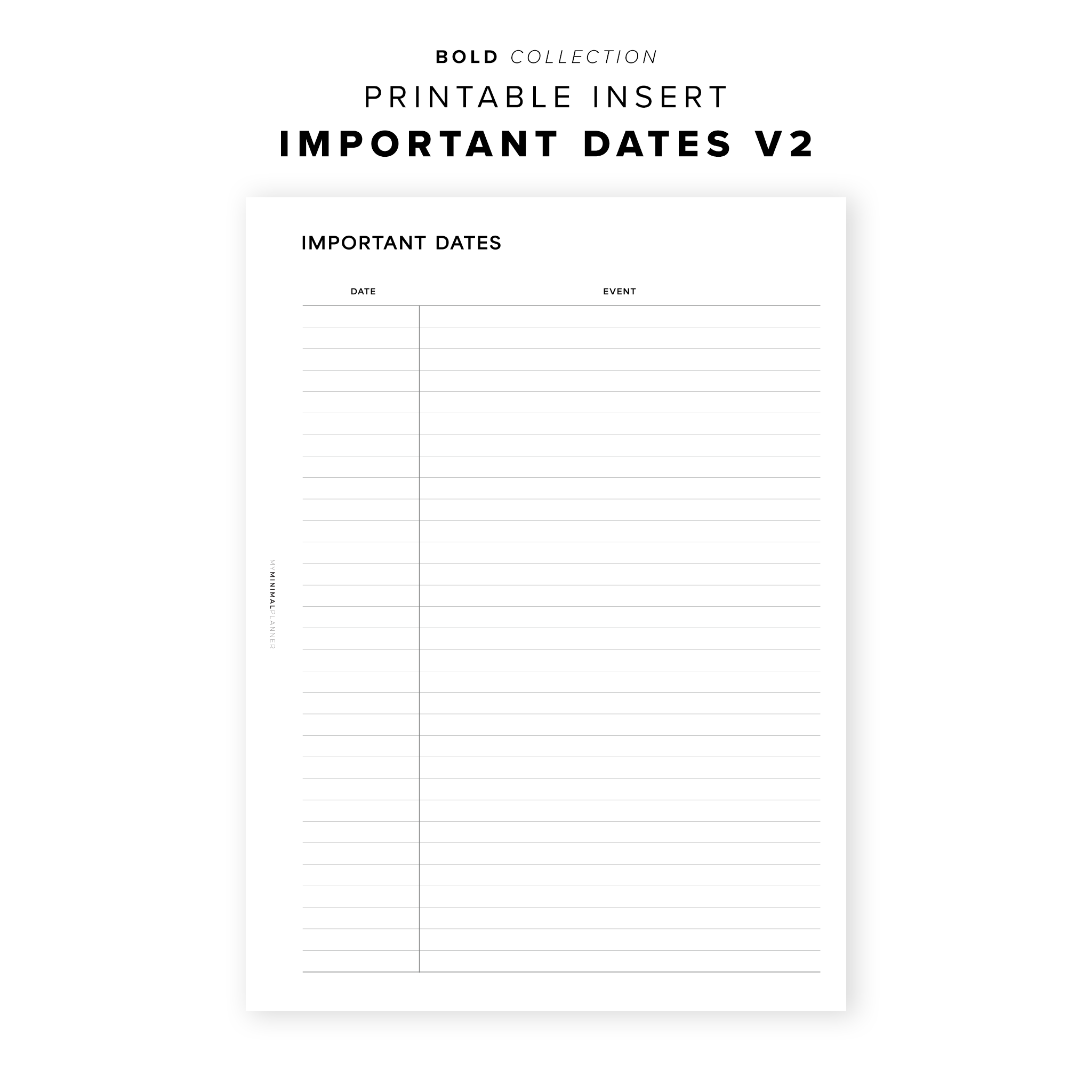 PR323 - Important Dates V2 - Printable Insert – My Minimal Planner