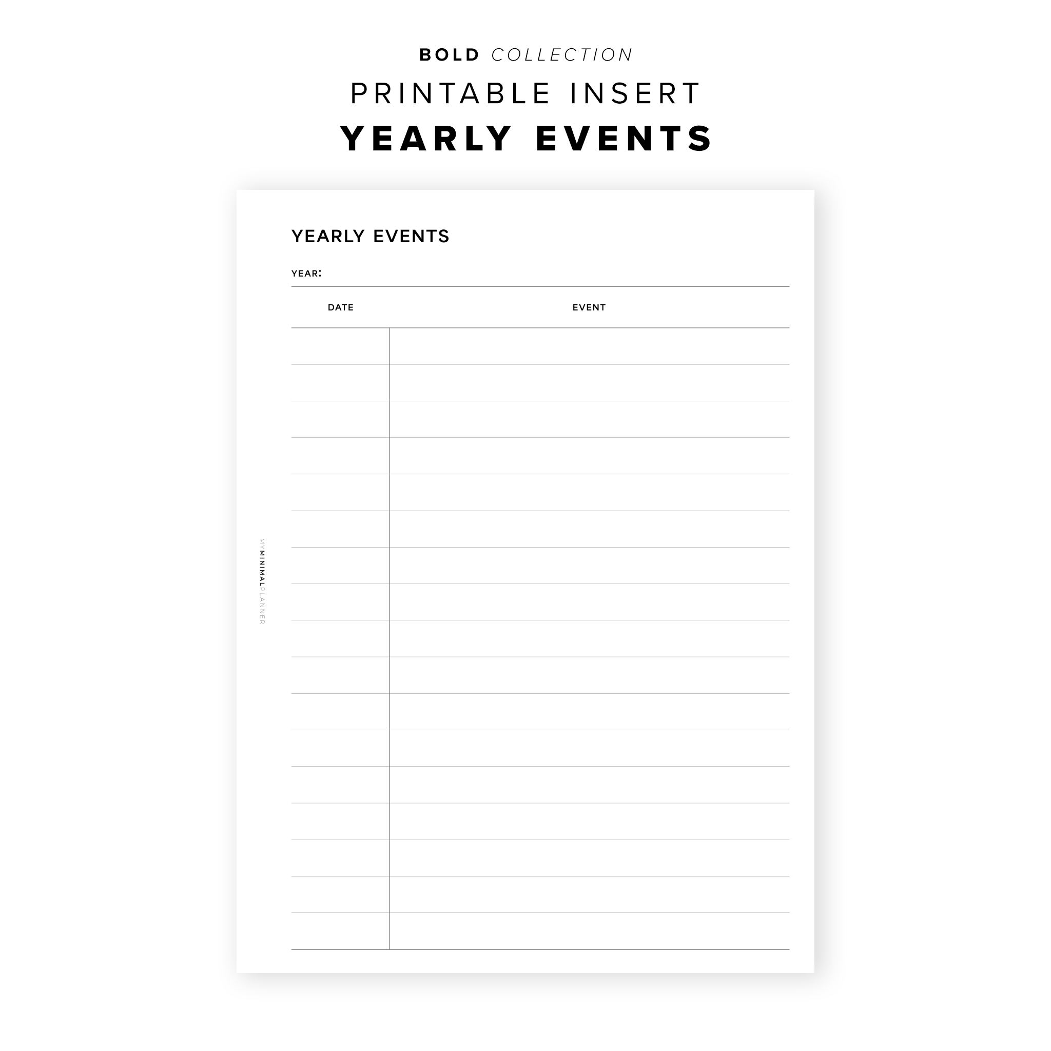 PR286 - Yearly Events - Printable Insert – My Minimal Planner