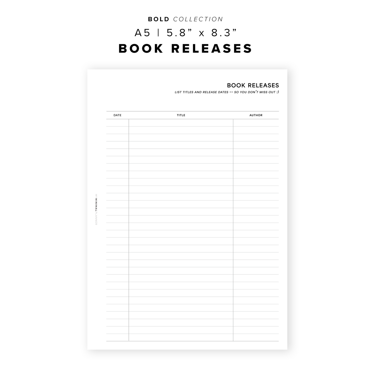 PR198 - Book Releases - Printable Insert – My Minimal Planner