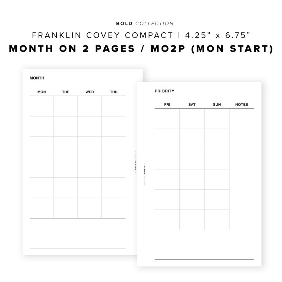 PR106 - Month on 2 Pages / MO2P - Printable Insert – My Minimal Planner