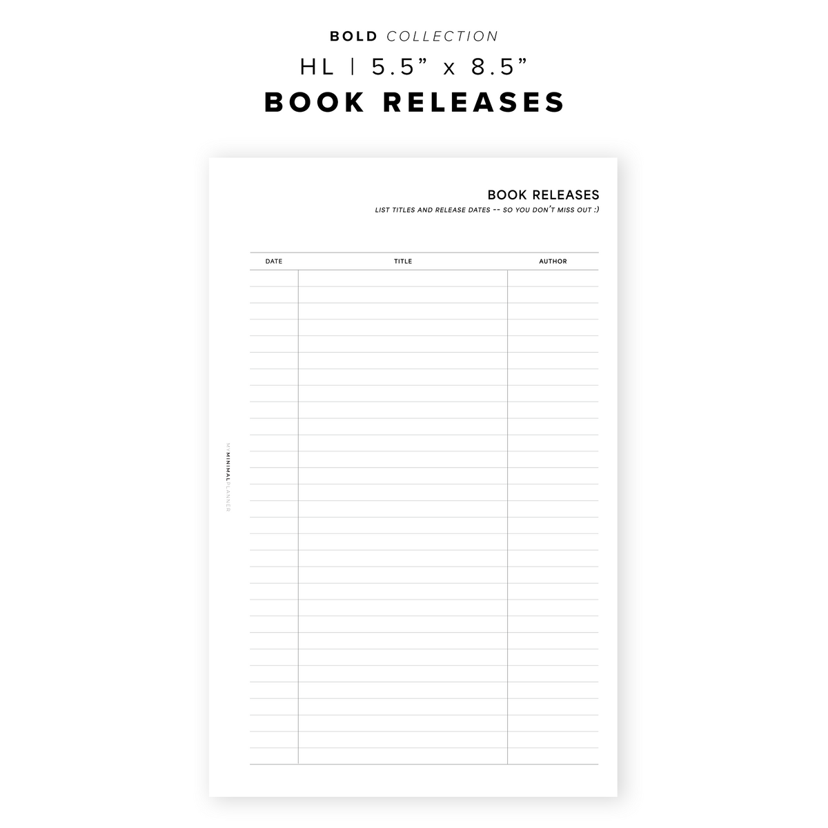 PR198 - Book Releases - Printable Insert – My Minimal Planner