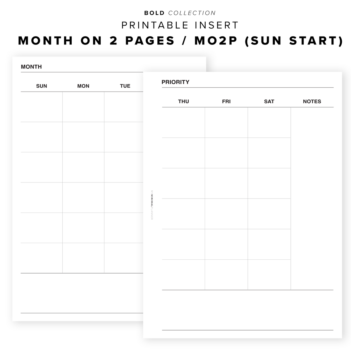 PR106 - Month on 2 Pages / MO2P - Printable Insert – My Minimal Planner