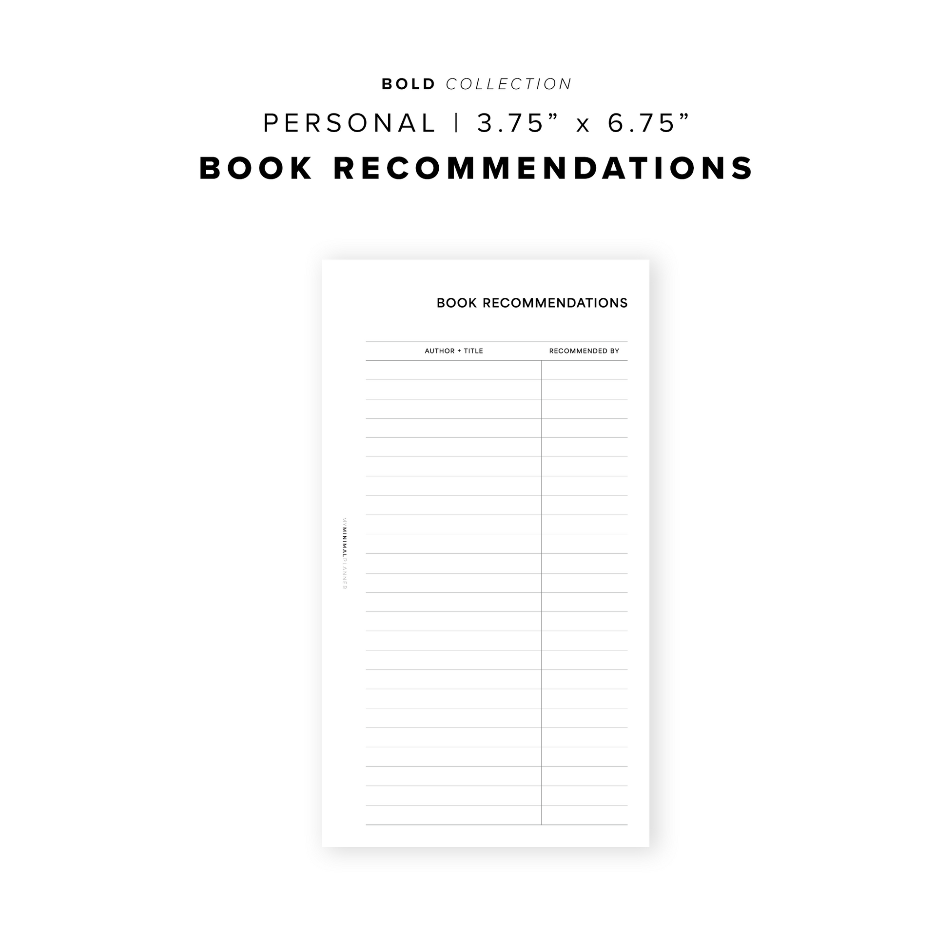 PR200 - Book Recommendations - Printable Insert – My Minimal Planner