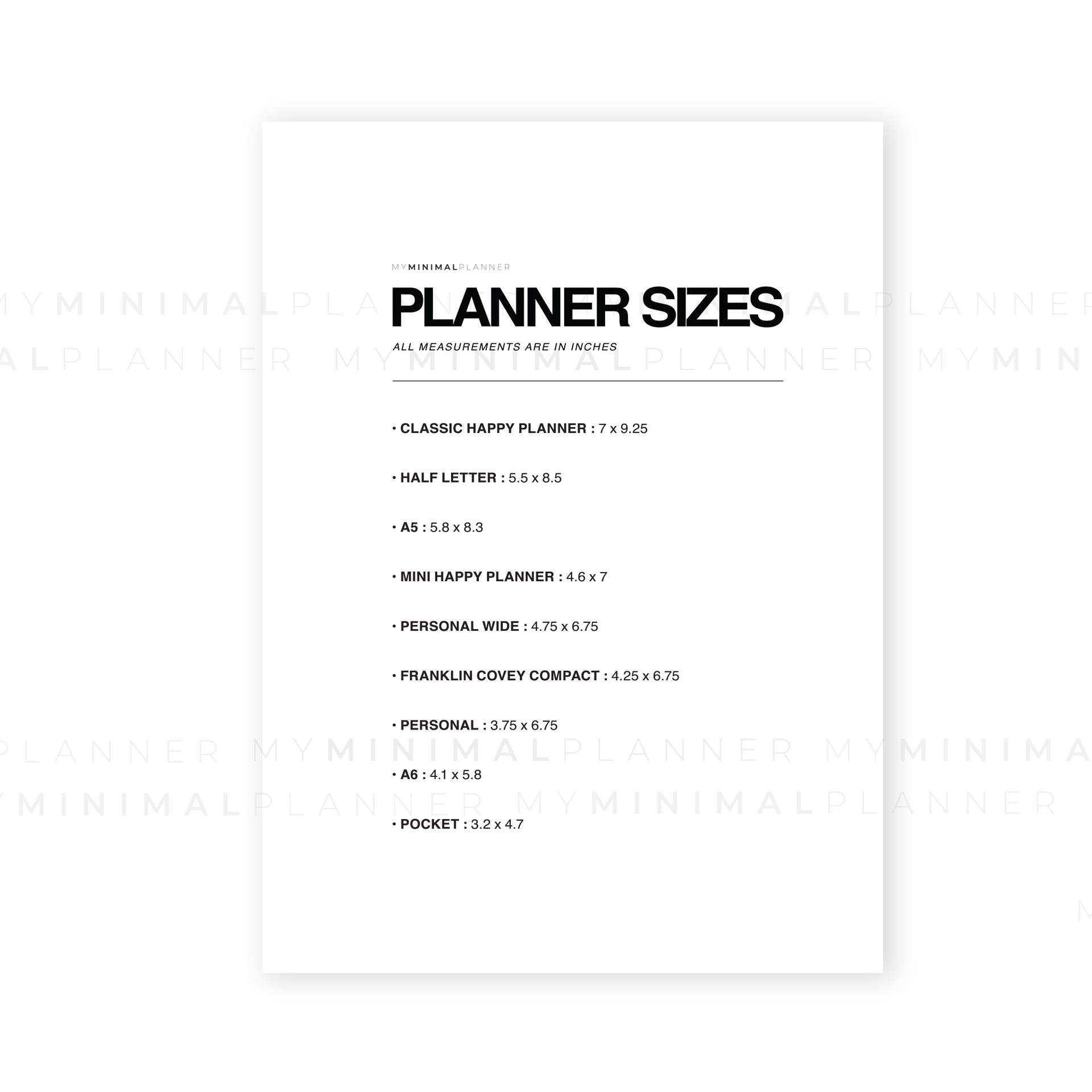 PRD98 - Planner Sizes - Printable Dashboard – My Minimal Planner