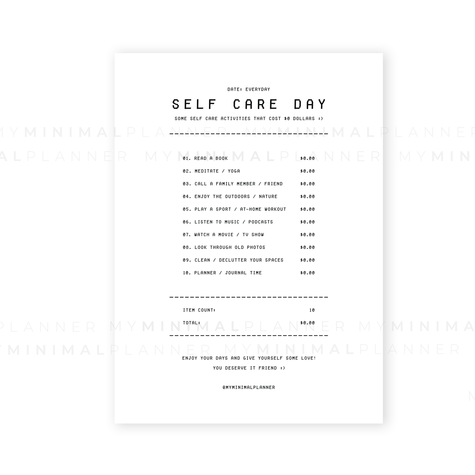PRD115 - Self Care Receipt - Printable Dashboard – My Minimal Planner